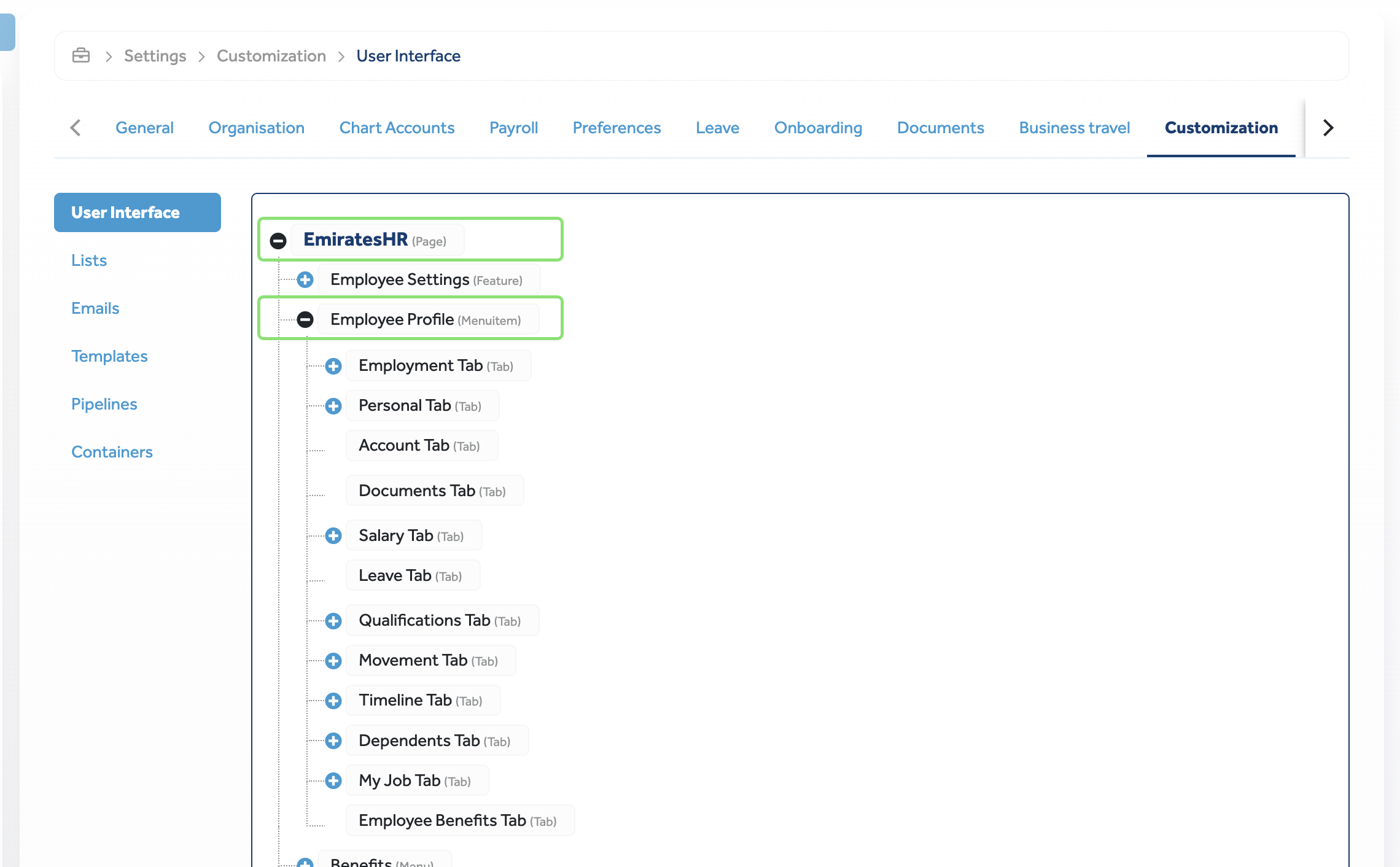 Displaying or hiding tabs on employee profiles – Yomly